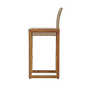 Elon Outdoor Barstools - Wicker and Acacia Wood - Light Multi-Brown/Teak (Set of 2)