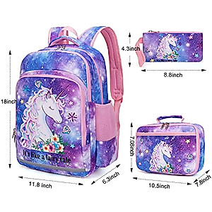 BTOOP Girls Backpack Kids Elementary Bookbag Girly School Bag with Insulated Lunch Tote and Pencil Pouch (Galaxy- Purpel Blue)