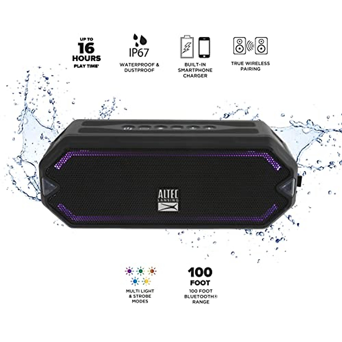 Altec Lansing HydraJolt Wireless Bluetooth Speaker, Waterproof Portable Speakers with Built in Phone Charger and Lights, Everything Proof Outdoor, Shockproof, Snowproof, 16 Hours Playtime (Black)