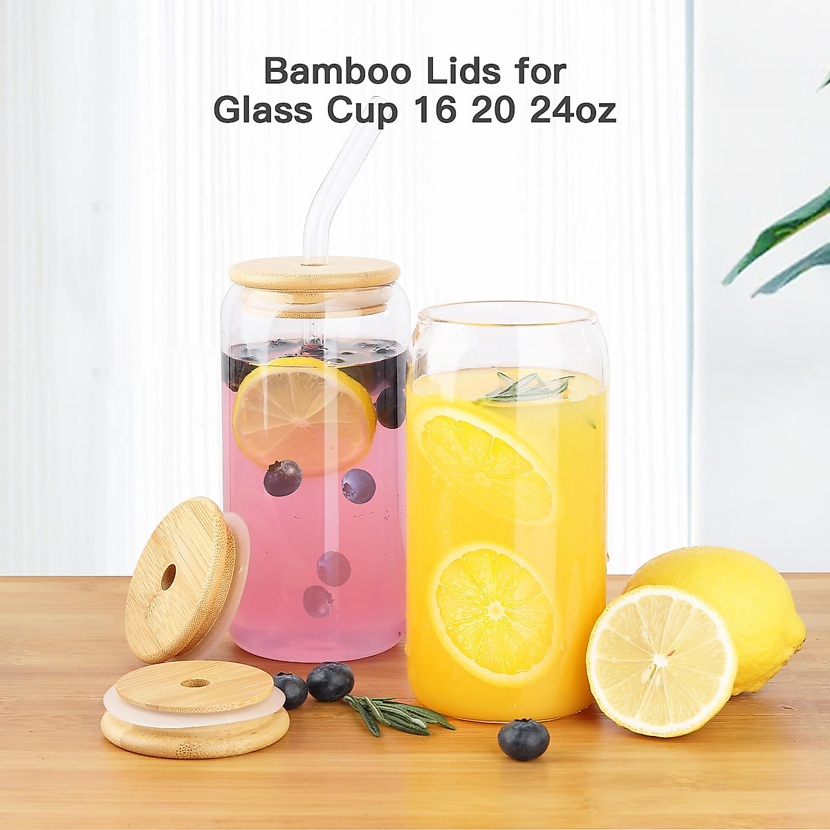 Febflo Bamboo Lids for Glass Cups with Straw Hole, 2.75inch/70mm Wooden Lids for 16OZ Beer Can Cups, Replacement for Regular Mouth 20 24 OZ Cups, 4 Pack