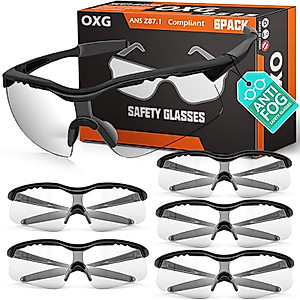 OXG 6 Pack Anti-Fog Safety Glasses, ANSI Z87 Impact & Scratch Resistant Protective Eyewear for Work, Lab, Construction (Clear)