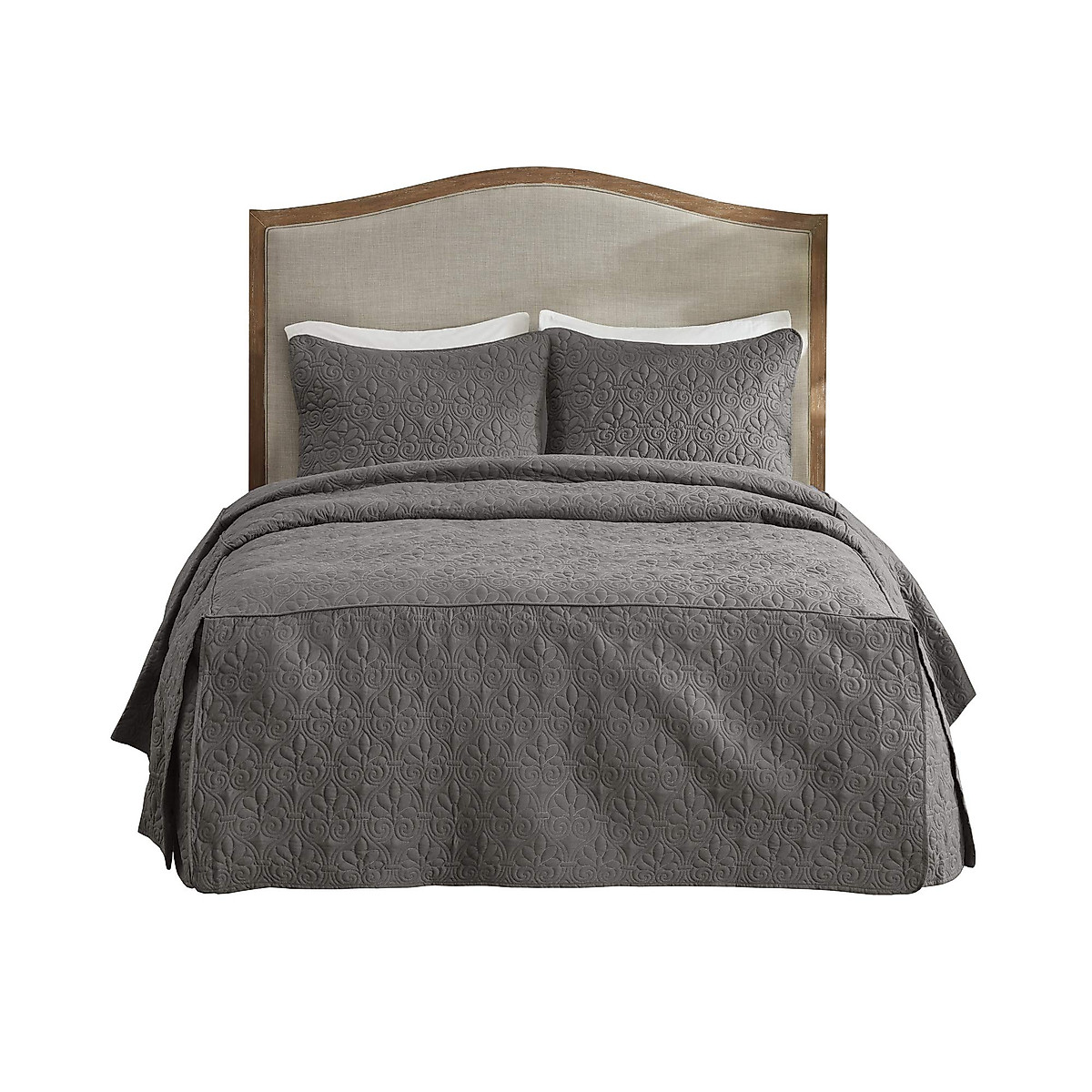 Madison Park Quebec Split Corner Quilted Bedspread Classic Traditional Design All Season, Lightweight, Bedding Set, Matching Shams, King(79" x81+24D), Damask Quilted Dark Grey 3 Piece