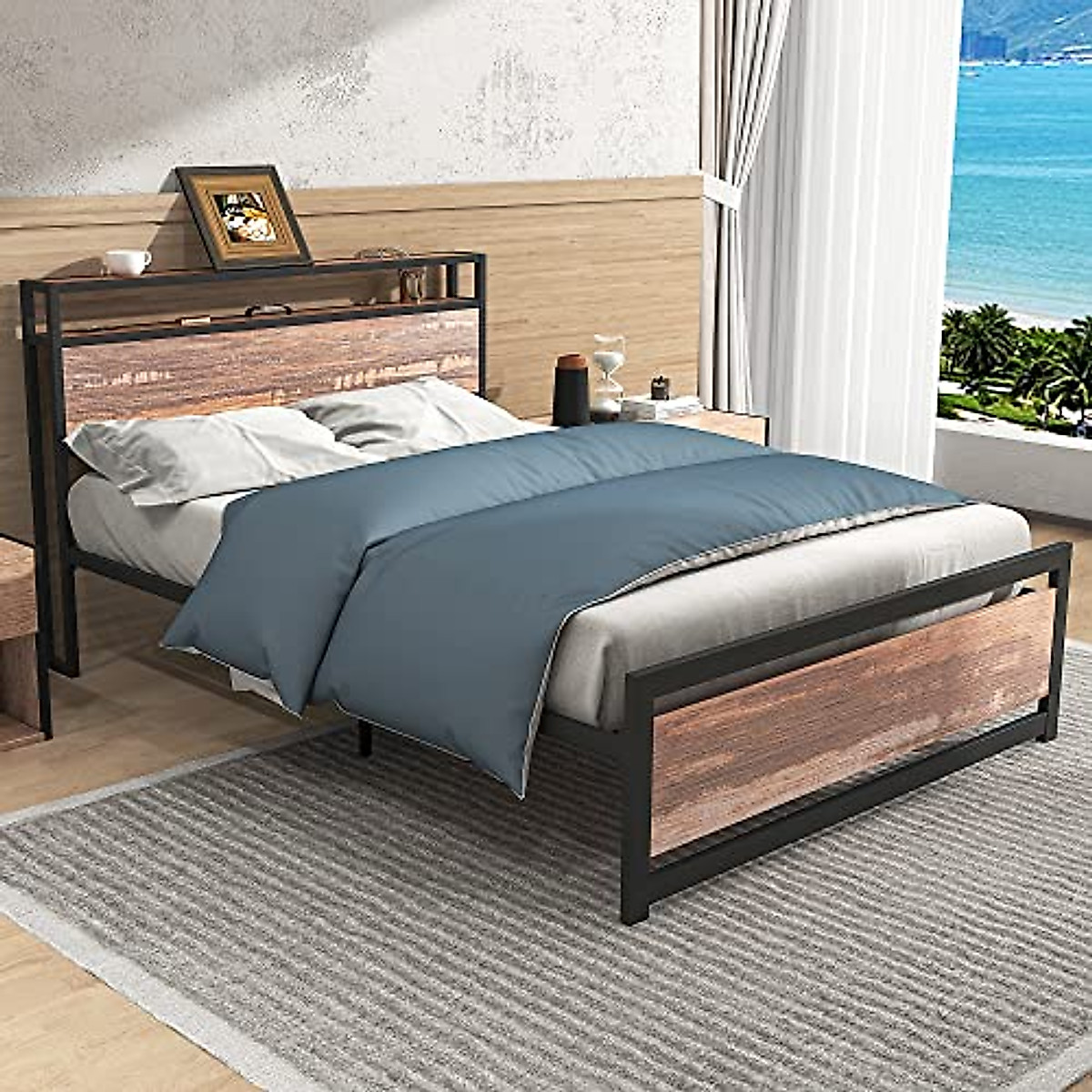Osfvolr Queen Bed Frame, Industrial Metal Platform Bed Frame with 2 Tier Storage Wooden Headboard and Footboard, Heavy Duty Steel Mattress Foundation, Noise Free, Bedroom Furniture, Rustic Brown
