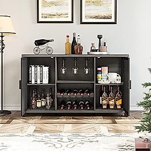 YITAHOME Home Bar Cabinet for Liquor and Glasses, Coffee Bar Cabinet w/Wine Racks, Mesh Door, Glass Holders, Industrial Storage Buffet Cabinet for Kitchen, Dining Room, Living Room, Dark Gray