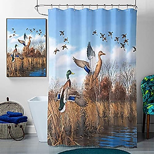 Duck Paintings 4PCS/Set Shower Curtain Retro Autumn Lake Reed Hunting Flying Mallard Art Bathroom Decor Set with Non-Slip Rugs Toilet Lid Cover and Bath Mat 70.8×70.8
