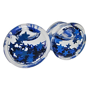 Pierced Republic Blue Star Glitter Liquid Filled Ear Plugs - Double Flared - 6 Sizes - Pair (0 Gauge (8mm))