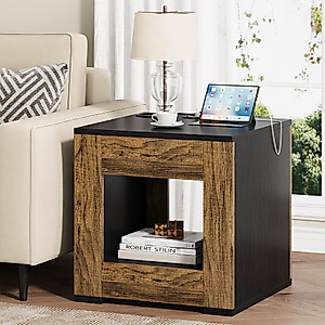 Condemo Farmhouse End Table with Charging Station, Square Nightstand Bedside Table with Drawer and Open Shelf, 2-Tier Sofa Side Table Storage for Living Room, Bedroom, Small Spaces, Brown and Black