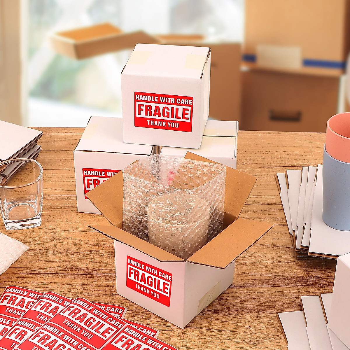 25Pack 5x5x5 Shipping Boxes for Small Business,White Mailing Boxes with Bubble Bags & Fragile Stickers for Mailing and Packing Small Gifts,Candle 5x5 Shipping boxes,Mug boxes for Shipping