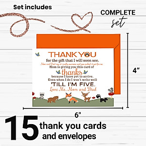 Paper Clever Party Woodland Baby Shower Thank You Cards with Envelopes Blank Notes Prefilled with Message Boys or Girls Personalize Notecards for Registry Gifts, Rustic 4x6 Stationery Set, 15 Pack