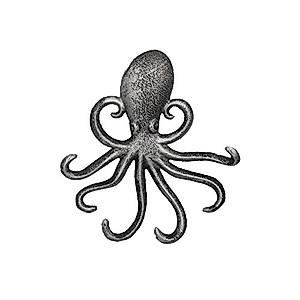 Handcrafted Nautical Decor Rustic Silver Cast Iron Wall Mounted Octopus Hooks 7" - Rustic Wall Art - Nauti