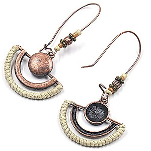 Lightweight Handmade Weave Boho Bohemian Fan Shape Earrings for Women Geometric Dangle Drop Hollow Half Round African Tribal Ethnic Jewelry (Copper)