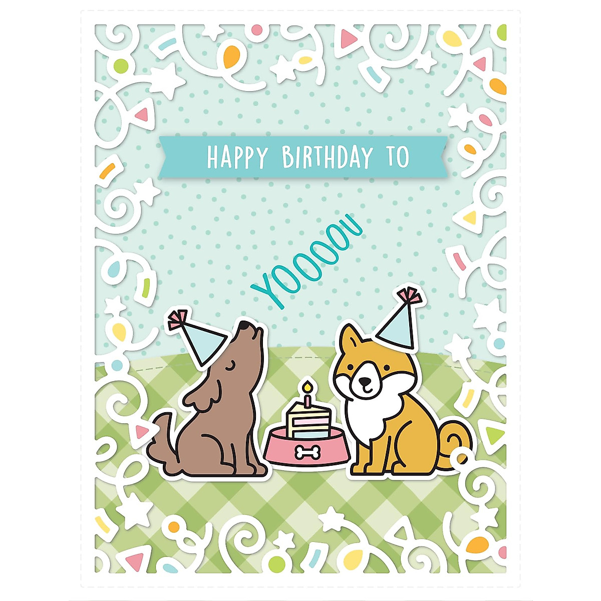 Lawn Fawn Yappy Birthday 4"x6" Clear Stamp Set, Coordinating Die Set, Carnora Storage Pocket, Bundle of 3 Items