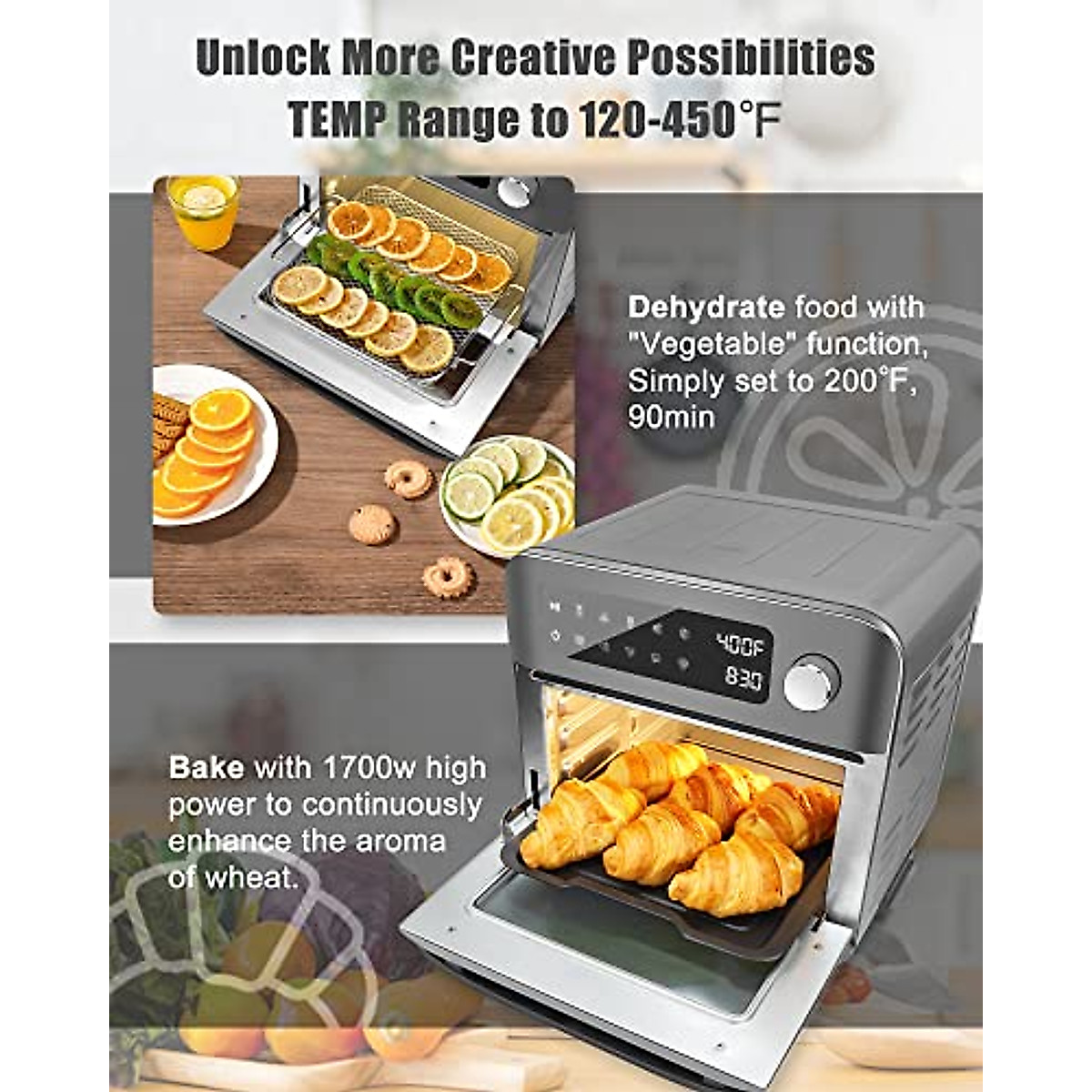 Joymicre Air Fryer Toaster Oven, 1700w High Power AirFryer Dehydrator Combo with Touchscreen Convection Countertop Oven, Dishwasher Safe Accessories, XL 12QT, 8 Cooking Presets, Bake, Broil, Defrost, Reheat, Roast All-in-one, Grey