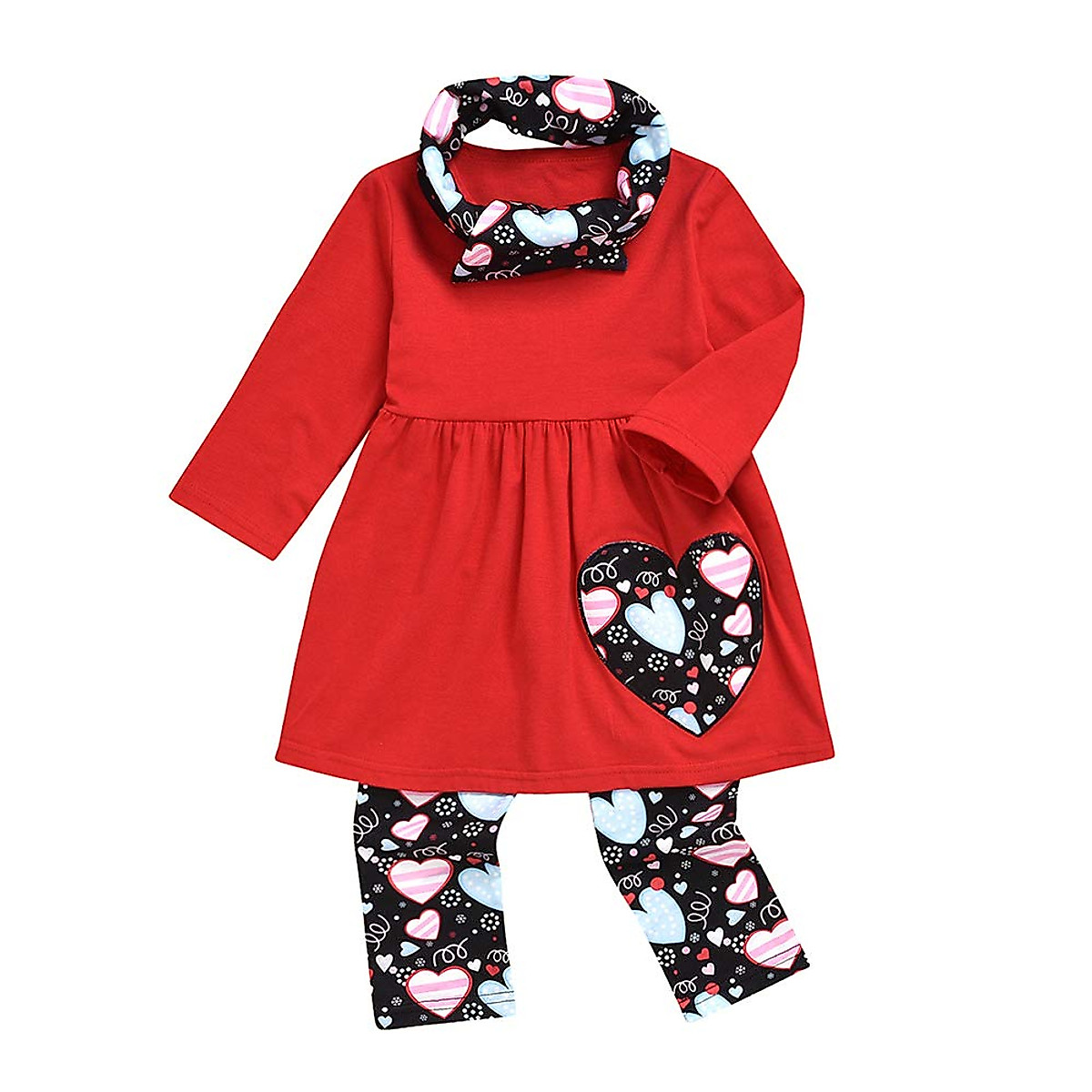 Toddler Baby Girl Valentine's Day Outfit Heart Print Long Sleeve T-Shirt Tops+Pants with Scarf Clothes Sets (Red, 2-3T)
