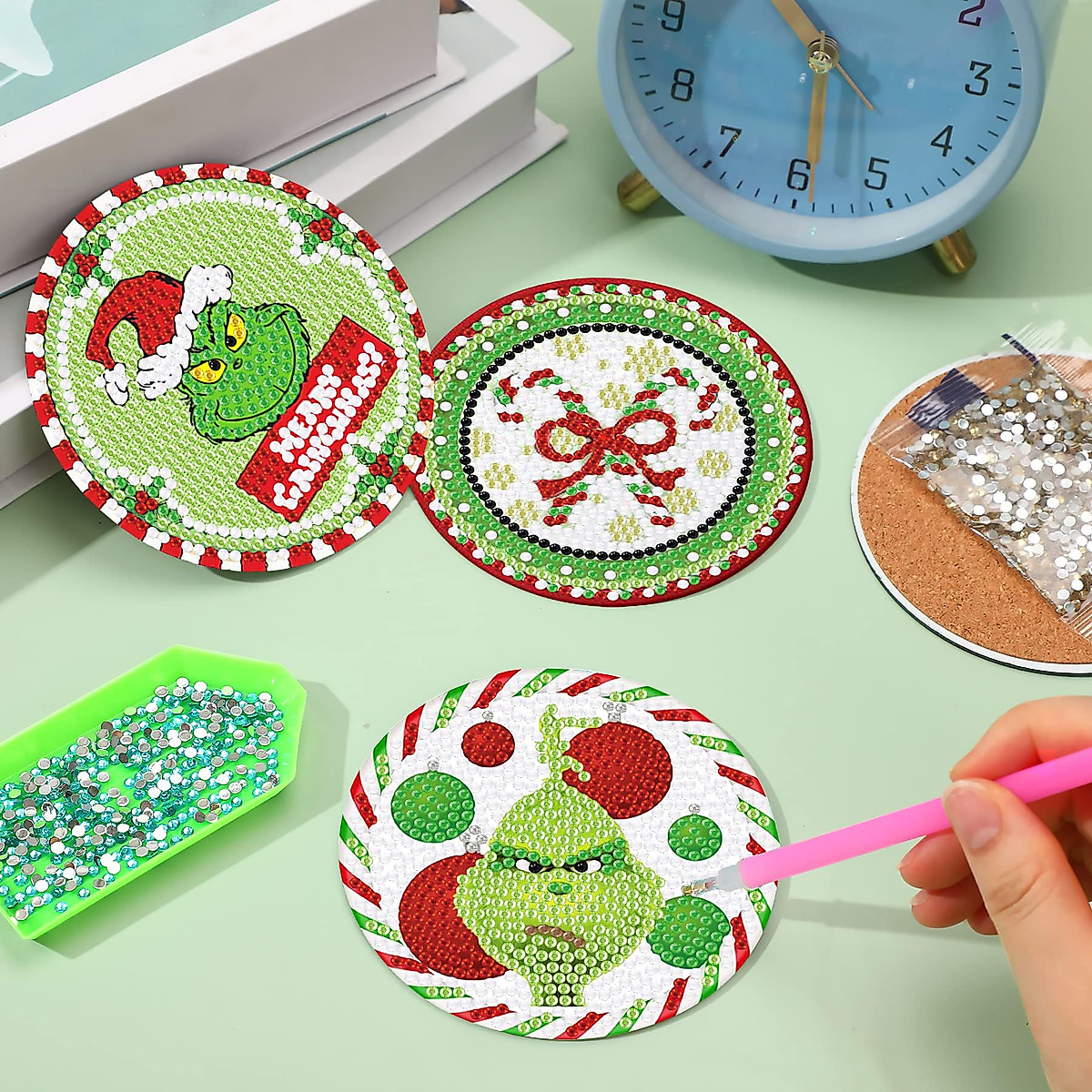 cupmod 8PCS Christmas Diamond Painting Coasters with Holder,Cartoon Diamond Art Coasters Kits for Beginners,Adults & Kids Small Diamond Art Kits Craft Supplies