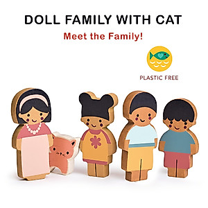 Mentari Toys - Doll Family with Cat - 5pc Multicultural Solid Wood Doll Set with Playful Kitten - Perfectly Sized for Little Hands - Encourages Imaginative Play and Social Skills - Age 12m+