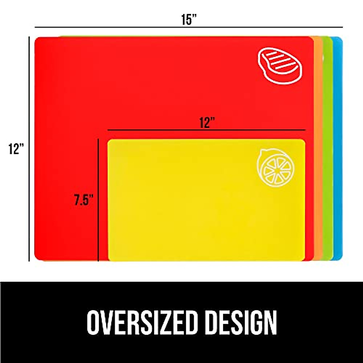 Gorilla Grip Cutting Boards for Kitchen, Set of 5 Durable Mats with Food Icons, Flexible Dishwasher Safe Plastic, Slip Resistant BPA Free Large Mat for Meat, Fish, Vegetables, Chopping Board, Multi