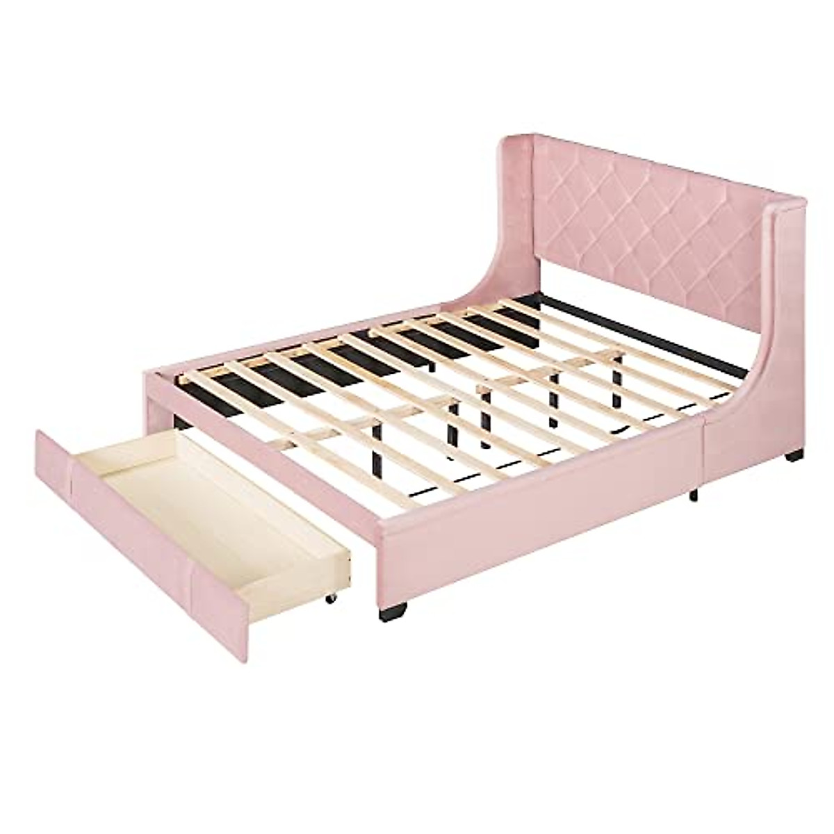 FIQHOME Queen Size Storage Bed,Velvet Upholstered Platform Bed with Wingback Headboard,Solid Wood Bed Frame with a Big Drawer,for Bedroom Guestroom,Easy Assembly,Pink