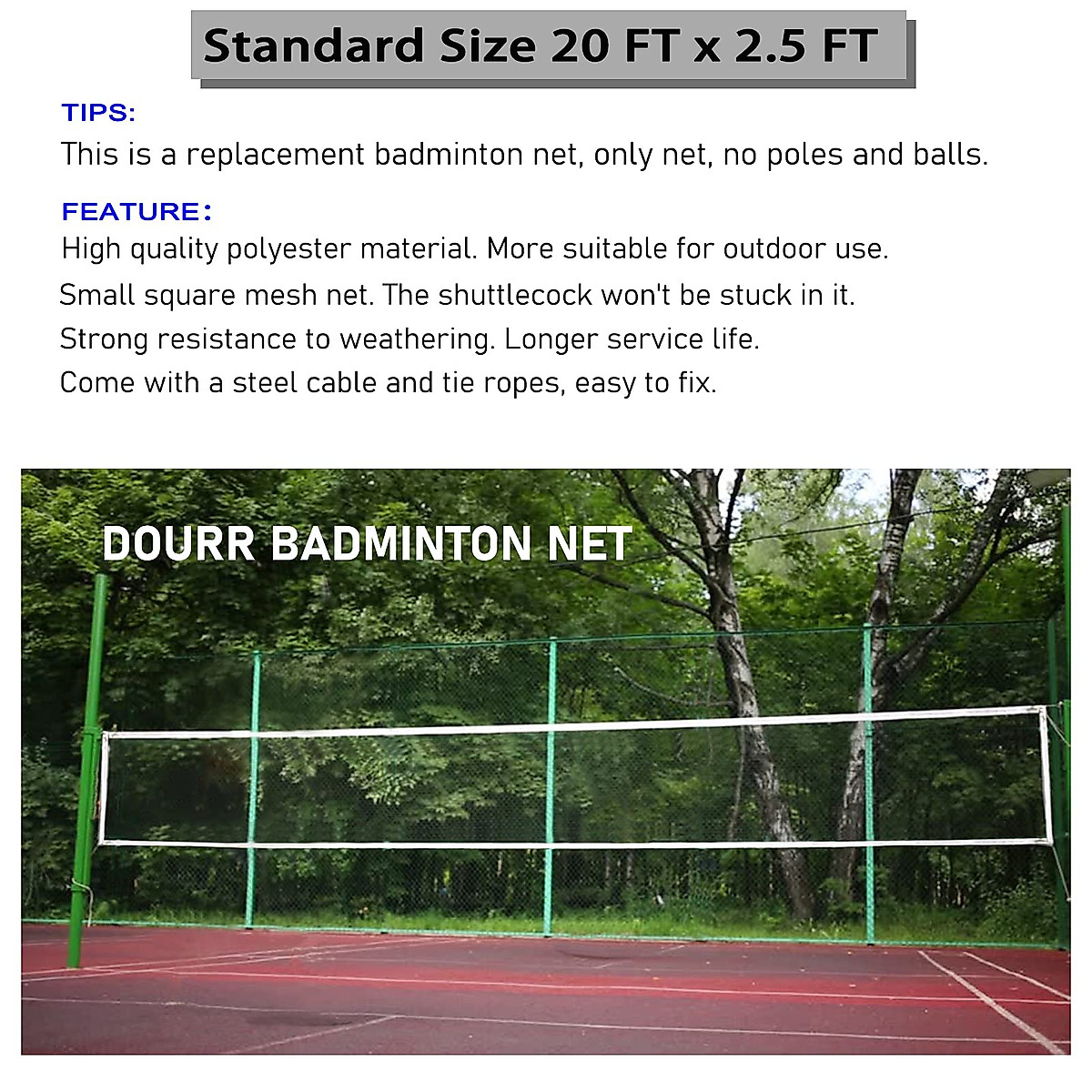 DOURR Badminton Tournament Net with Rope Cable (20 FT x 2.5 FT) (with Steel Rope Cable)