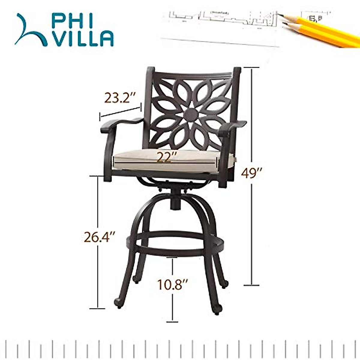 PHI VILLA Outdoor Swivel Bar Stools, Cast Aluminum Patio Pub Height Swivel Arms Chairs with Seat Cushion, Set of 2, Easy Assemble
