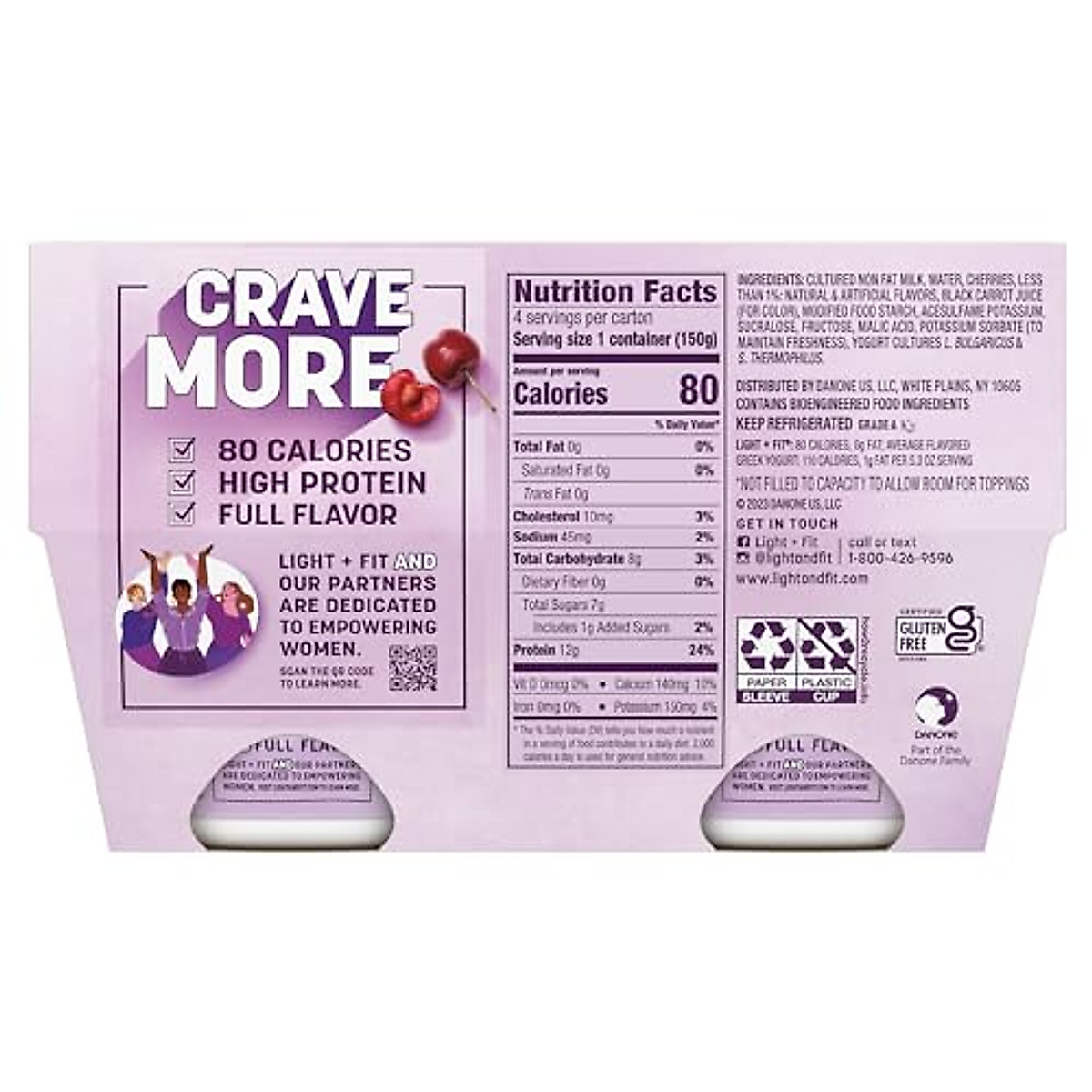 Dannon Light + Fit Greek Nonfat Yogurt, Cherry, Gluten-Free, 5.3 oz., 4 Pack