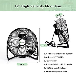 GTOUNACT 12 Inch Floor Fan 3-speed High Velocity 360°Adjustable Tilting Powerful Airflow Heavy Duty,All-Metal Construction, Convenient Carry Handle,Personal Cooling Fan with 3 Speed for Home Office