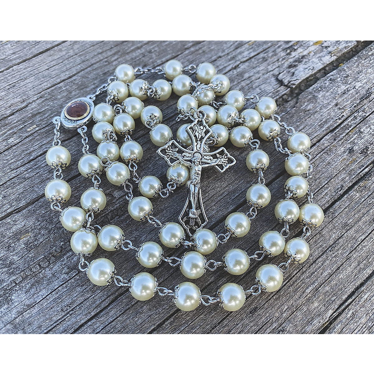 Nazareth Store Pearl Cream Beads Rosary Necklace Holy Soil Medal and Cross Catholic Rosaries for Women, Men