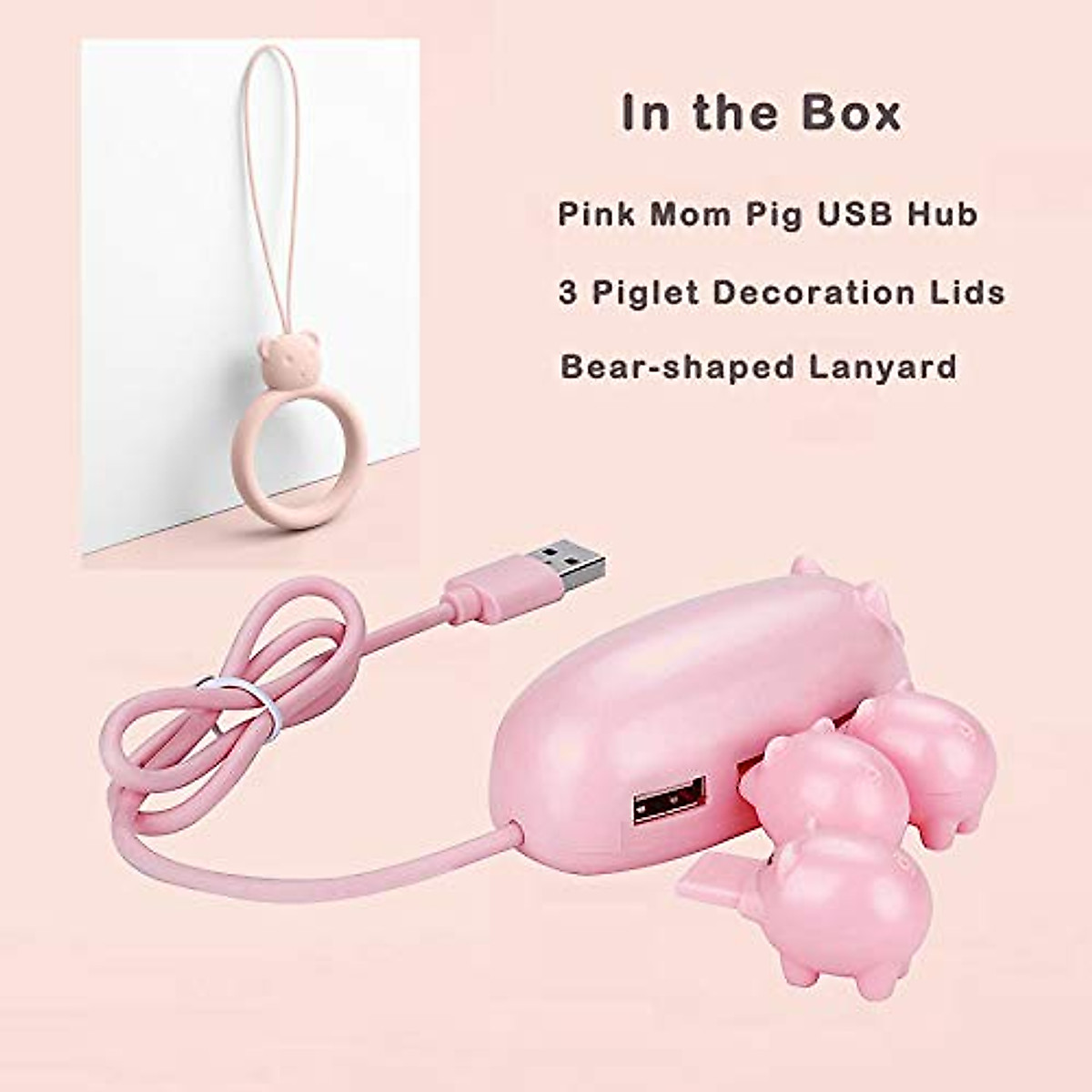JoyReken Pink Pig USB Hub, 3-Port Cute USB Hub with 3 Piglet Decoration Lids, Perfect Pig Stuff & Gifts for Pig Lovers, USB Splitter for Hard Drives, Mouse, and Keyboard.
