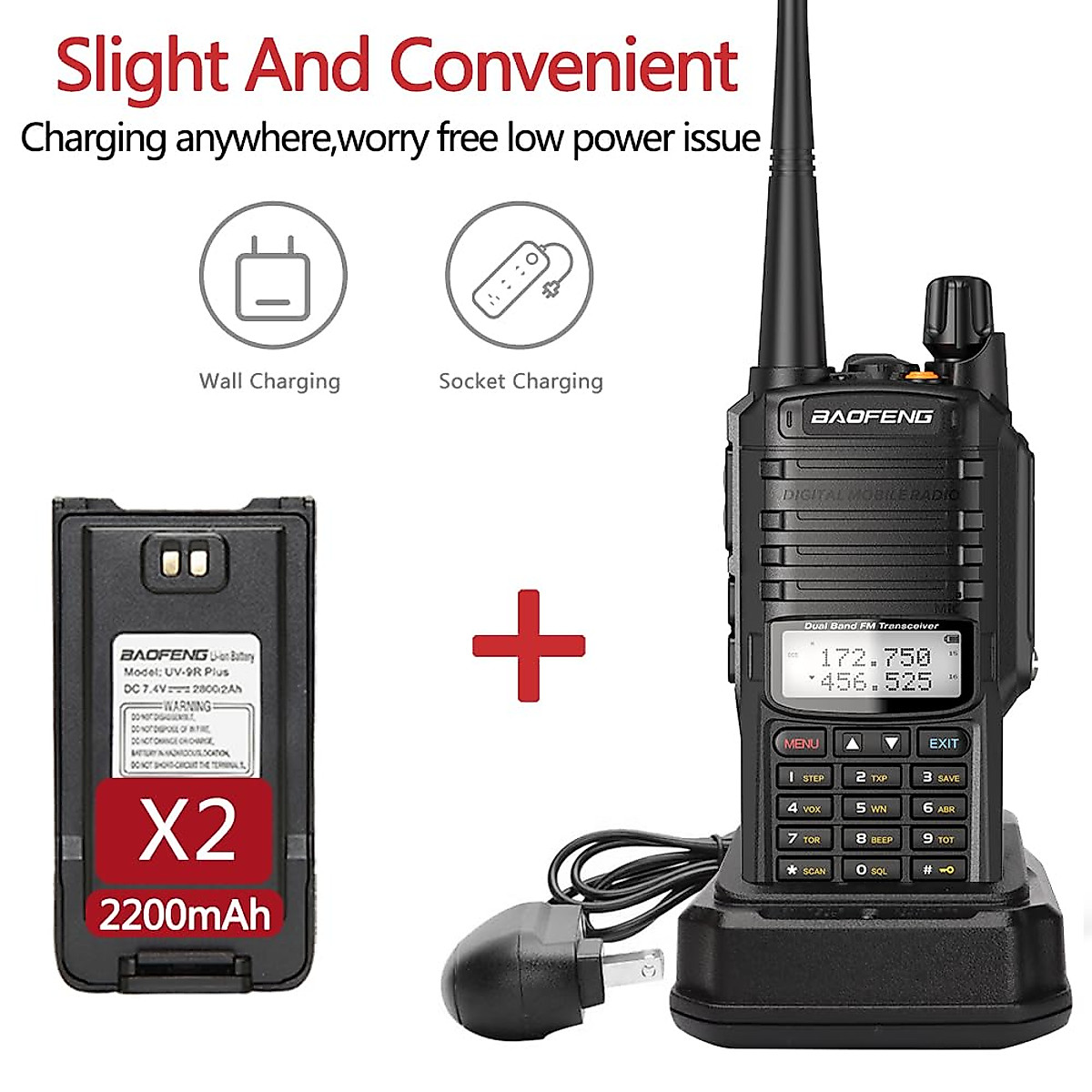 Baofeng UV-9R Plus 8W Power Walkie Talkie IP67 Waterproof UHF/VHF Dual Band Two Way Radio with Programming Cable,AR-775 Antenna,AR780 Waterproof micphone,2Pack 2200 mAh Battery etc Full Kits