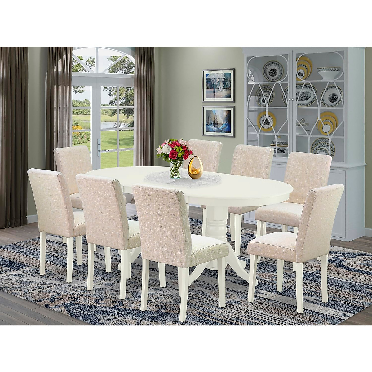 HomeStock Baroque Brilliance 9 Pc Kitchen Set for 8 Dining Table with Leaf and Eight Parson Chair with Linen White Leg and Linen Fabric Light Beige