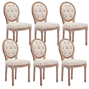 Bonzy Home French Country Dining Chairs Set of 6, Farmhouse Button Back Dining Room Chairs with Solid Wood Frame and Curved Backrest, French Bistro Chairs for Bedroom Kitchen Restaurant, Beige