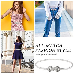 KALIONE Women's Skinny Rhinestone Belt, Elastic Waistband Metal Waist Belt Silver Thin Crystal Rope Belt Stretch Spring Chain Belt for Women Girls Dresses Jeans