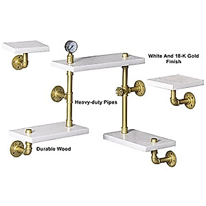 Industrial Retro Wall Mounted Iron Water Pipe Shelf/Bookcase/Shelving – Floating Shelf - Hung Bracket - DIY Storage Bookshelf – Height Adjustable Shelf - Wood Shelf (5-tier wall shelves, gold pipes)