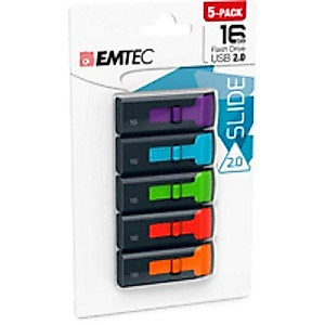 Emtec C450 16GB, USB 2.0 Flash Drives, 5-Pack Assorted Colors