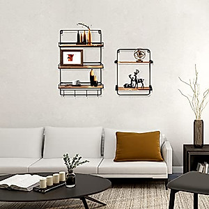 Oxendon Black Floating Shelves for Wall Decor, Rustic Wood Bathroom Shelves Wall Mounted Hanging Shelf with Hooks Easy Hang 3 Teir Wall Shelf Unit