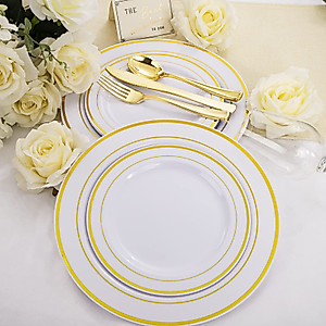 WDF 120 pieces Gold Disposable Plastic Plates - White and Gold Plates Include 10.25" Dinner Plates & 7.5" Salad Plates for Weddings and Party