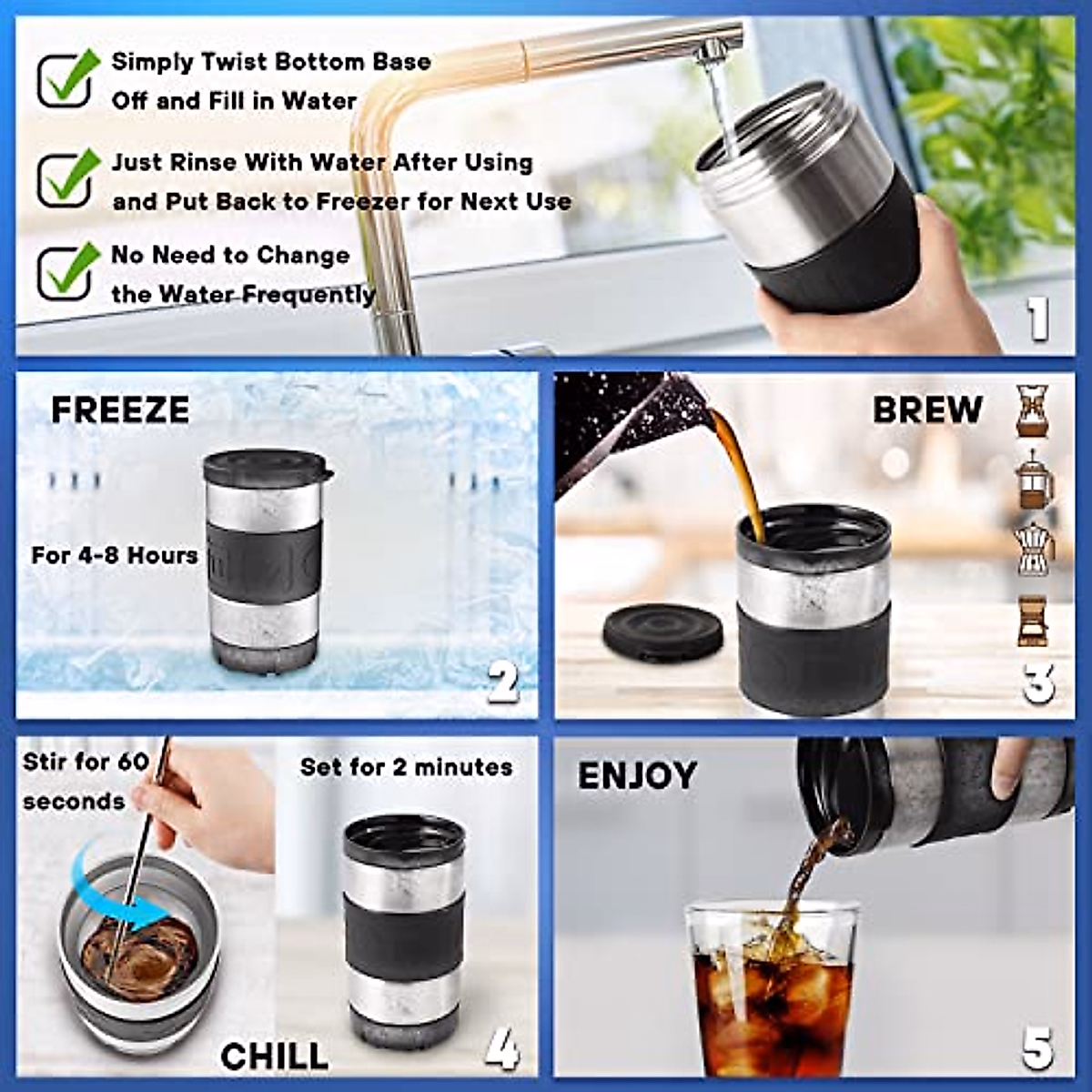 Mollbok Patented Instant Beverage Cooler, Anti-Crack Coffee Chiller with Lid, Cools Drinks in Minutes without Dilution, Reuses Conveniently for Wine, Juice, Cocktail, 14 oz (Graphite Black)