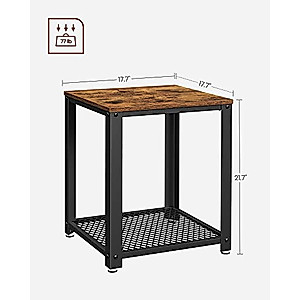 VASAGLE Side Table, 2-Tier Nightstand, End Table with Mesh Shelf, Steel Frame, Adjustable Feet, for Living Room, Bedroom, Industrial Style, Rustic Brown and Black ULET41X