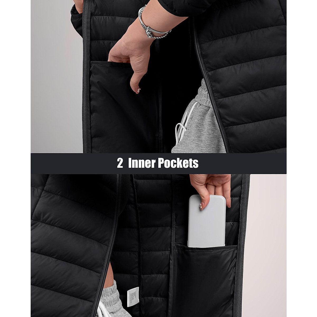 MAGCOMSEN Womens Black Jackets Ultra-light Puffer Quilted Winter 4 Pockets Long Sleeve Full-zip Padded Coat, Black XXL