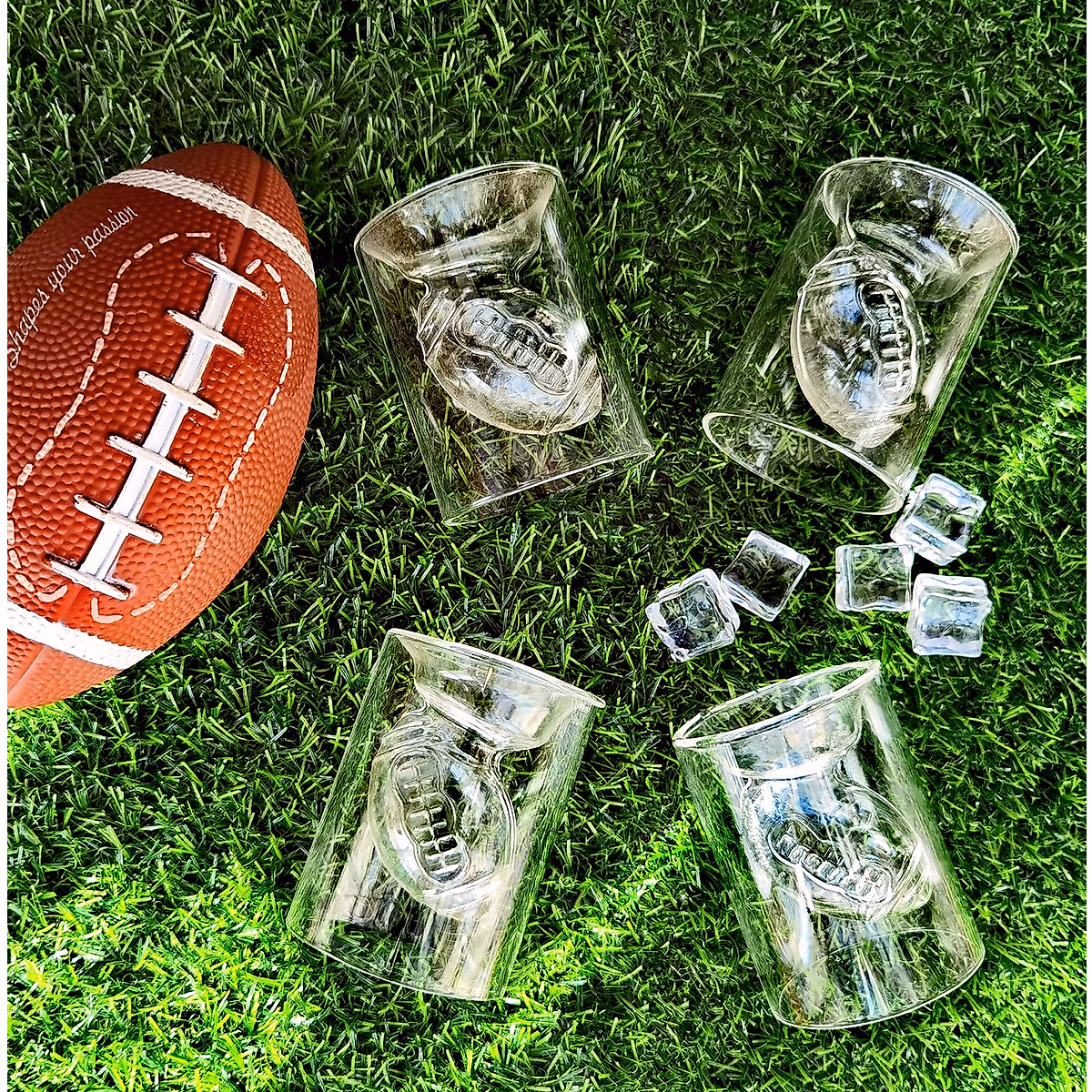 MADARC SPORT - Set of 4 - Football Reversible Shot Glasses 2Oz / 4.5Oz, with 3D relief Football Ball Shape inside - (Modern)