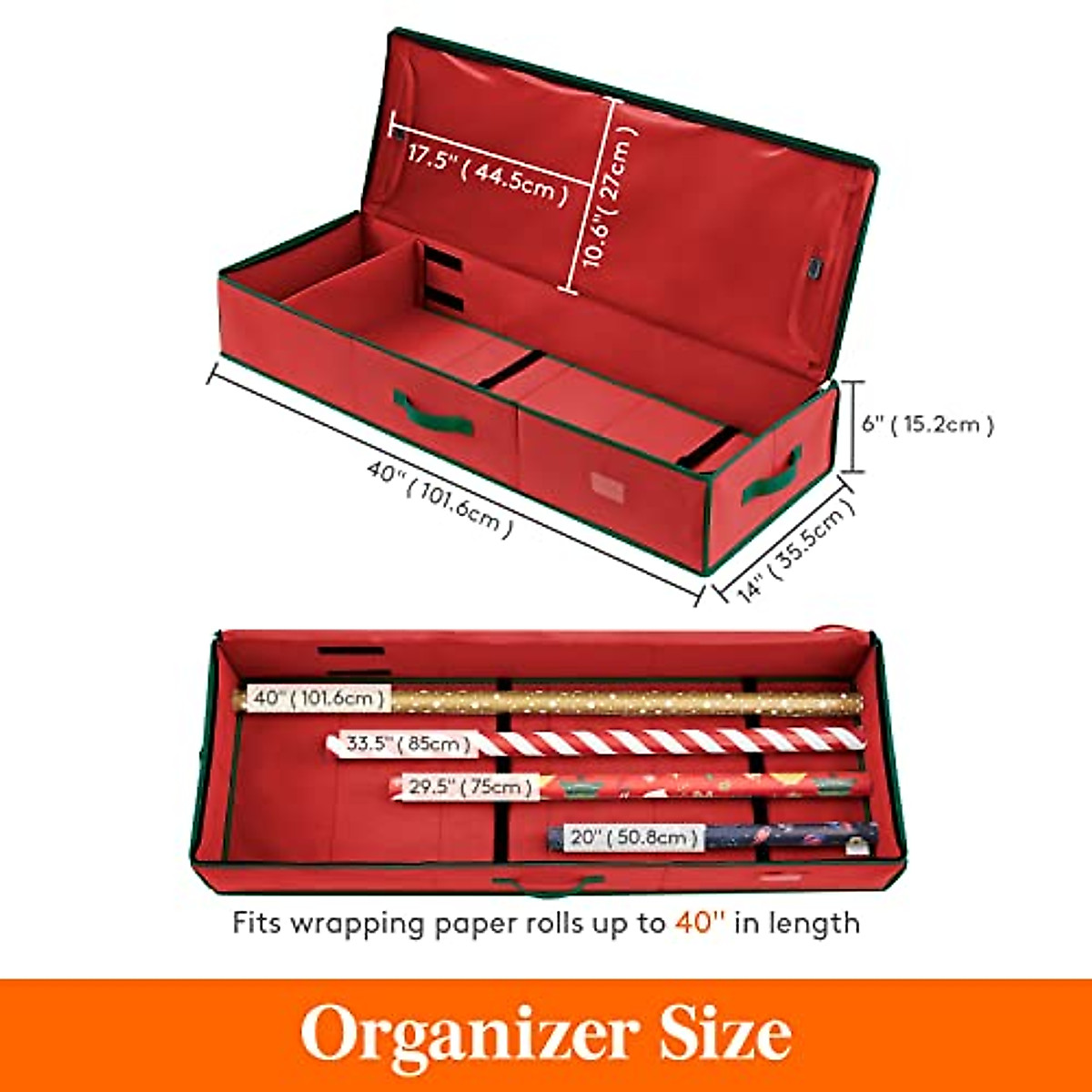 Lifewit Wrapping Paper Storage Containers with Interior Pockets, Fits 18-24 Standard Rolls, Gift Wrapping Organizer Storage for Wrapping Paper, Bows, Ribbons, 40" Length, Red