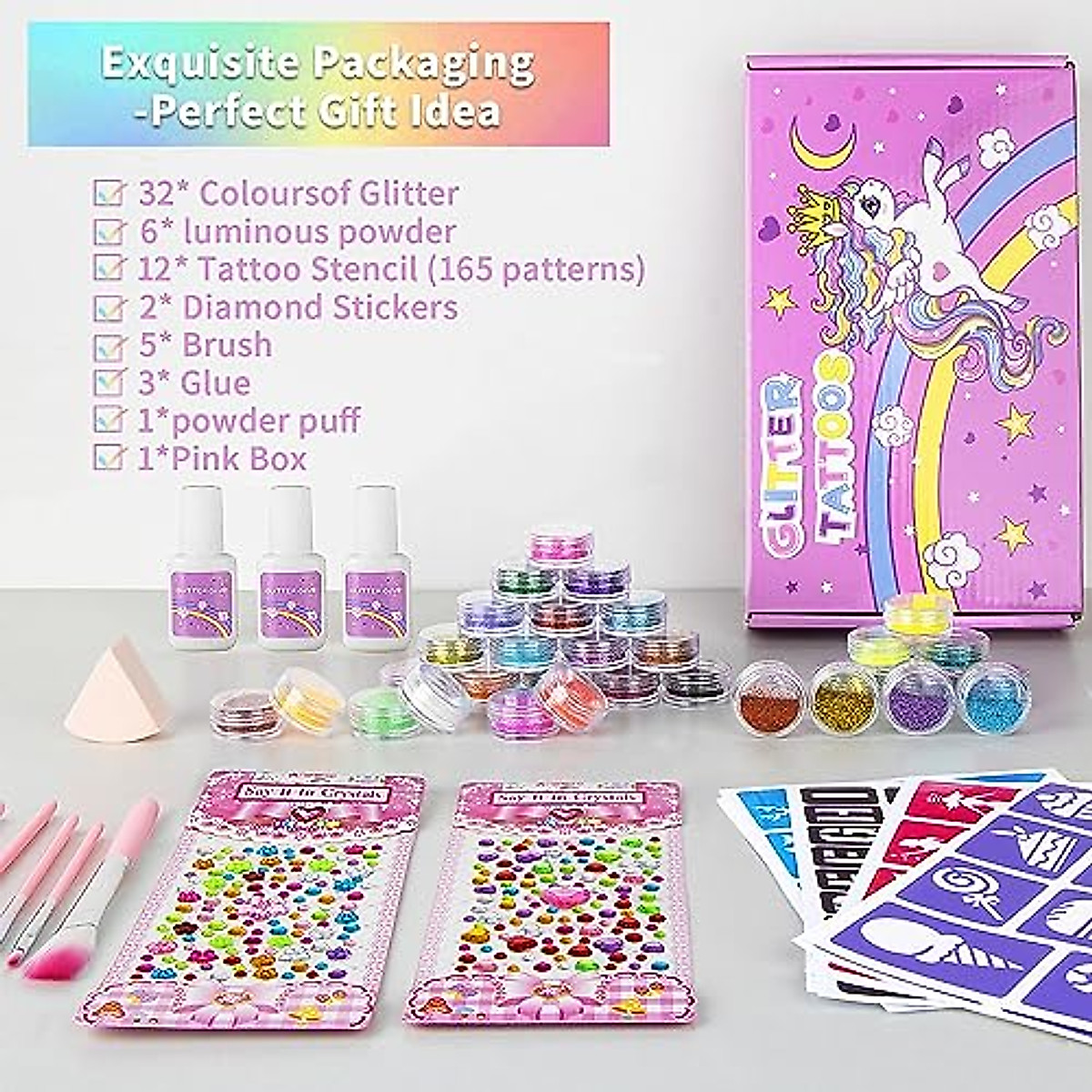 Temporary Glitter Tattoos Kids,32 Glitter Colors and 6 Fluorescent Colors,165 Stencils,2 diamond stickers,3 Glue,5 Brushes,1 Powder Puff,Adults and Kids Arts Glitter Kit,Holiday Gifts for Girls&Boys.