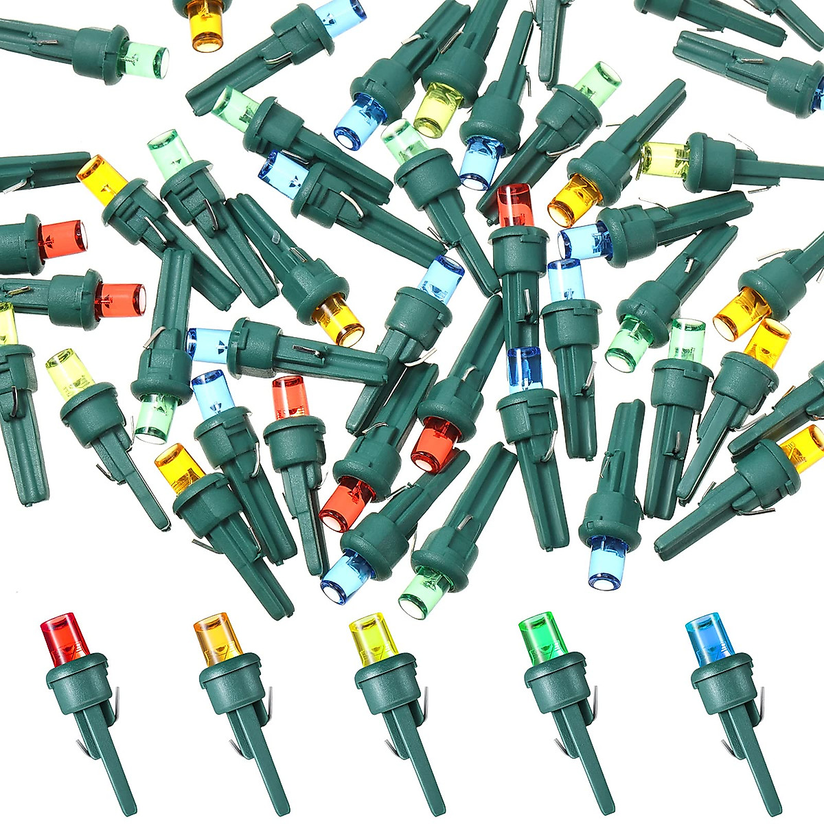 Honoson 48 Count 5 mm LED Christmas Replacement Bulbs Bulk Wide Angle Christmas Light Bulb Xmas Tree String Light Replacement Bulb Festival Light Decoration (Green Base with Multicolor Bulb)