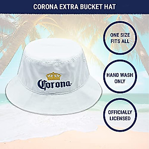 Corona Extra Bucket Hat with Embroidered Logo, Packable Travel Sun Hat, Wide Brim Cap, White
