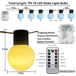 Globe String Lights Battery Powered 7Ft 10 LED Edison Shatterproof G50 Light String with Remote Timer, Indoor String Lights Outside Waterproof Hanging Lights for Garden Porch Patio Camping Party Decor