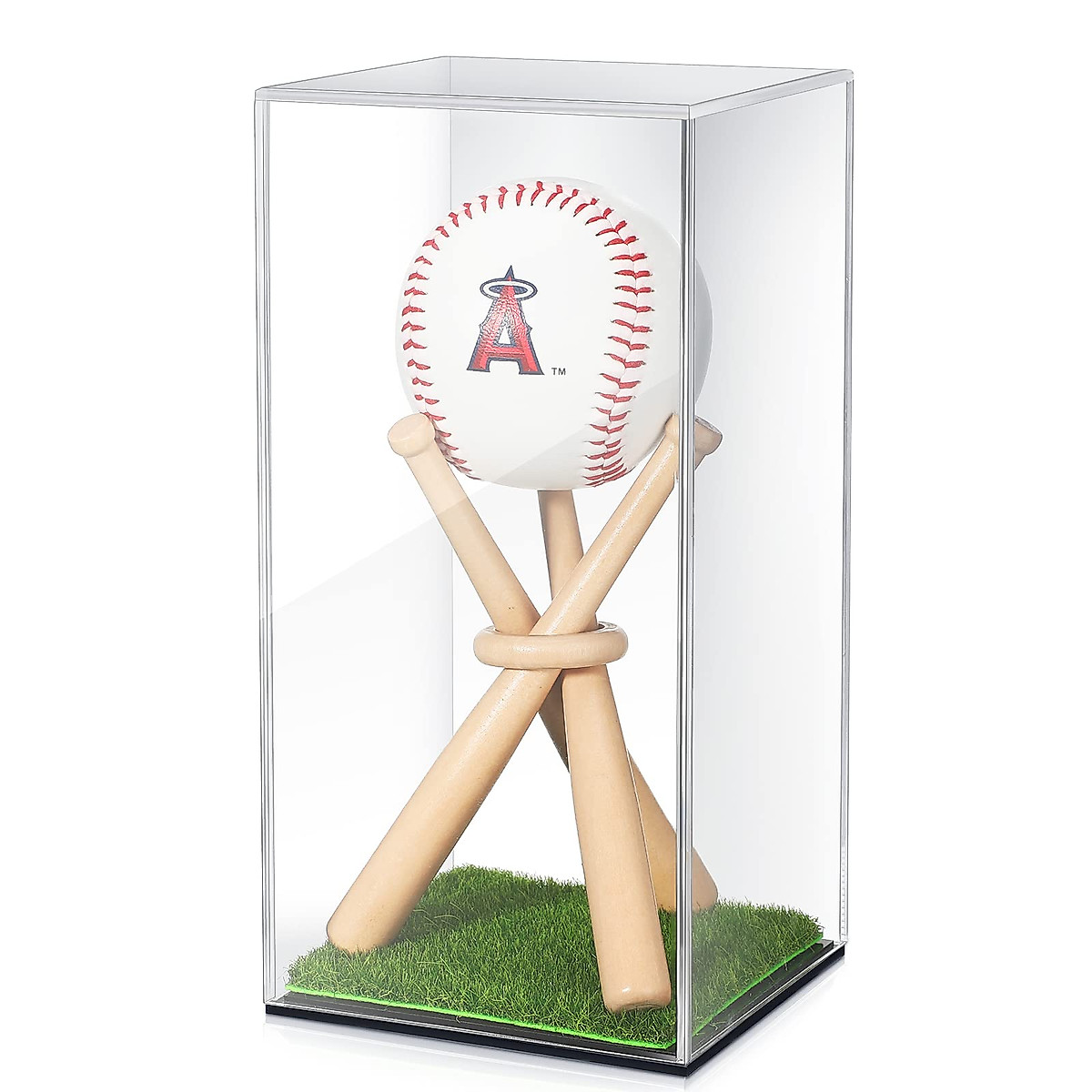 Mudder Baseball Display Case and Wood Stand Acrylic Baseball Holder Acrylic Box with Grass Pad for Ball Display Mini Wooden Bat Showcase Holders for Memorabilia Autograph Ball(1 Pack)