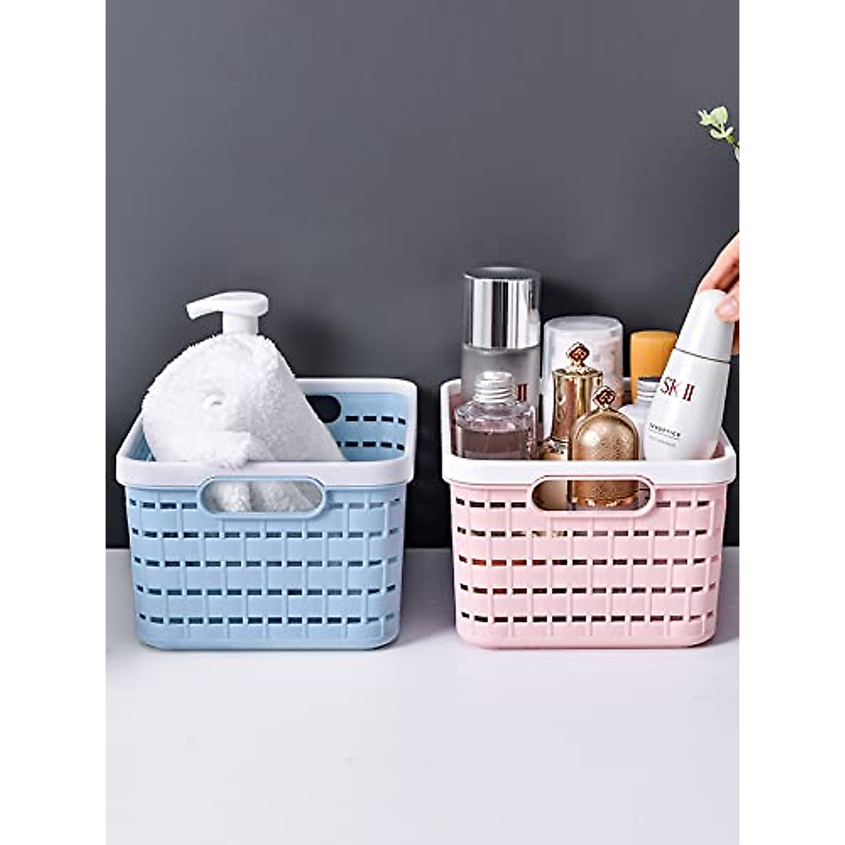SOUJOY 5 Pack Classroom Storage Basket with Handles, Woven Plastic Organizing Bin, 9.1"L x 6.8''W x 4.5H'' Office Storage Organizer Bin for Pantry, School, Toy, Beauty Products
