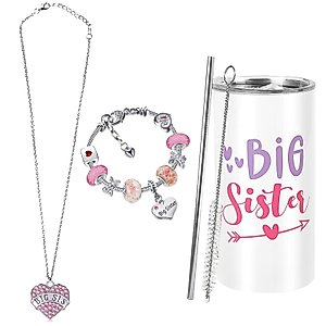 CIXICM 3 Pcs Big Sister Gift 12 oz Pink Sister Cup Stainless Steel Mug Vacuum Insulated Tumbler with Leak Proof Lid and Straw Sister Bracelet Sister Announcement Jewelry for Little Girl