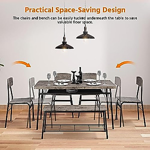 Yaheetech Dining Table Set for 6 Kitchen Table Set with Chairs and Bench 6 Piece Dining Set with 2 Storage Racks, Protective Foot Pads for Dining Room, Kitchen and Apartment, Drift Brown