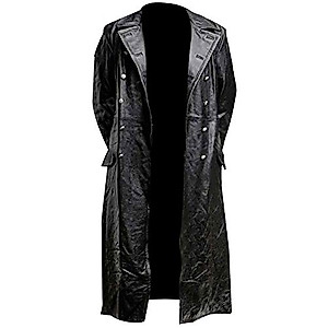 German Style Classic Officer WW2 Military Uniform Black Leather Trench Coat (Large (Best for Chest Size 44), Black)